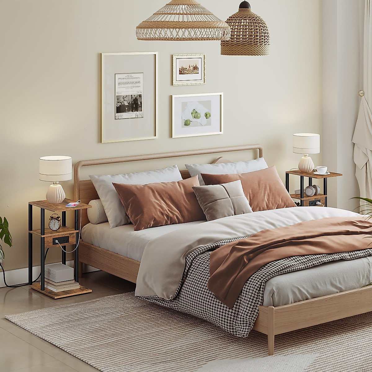 HOOBRO C Shaped End Table Set of 2 with Charging Station, Side Table with 2 USB Ports and Outlets, TV Tray Table, Couch Table for Small Spaces, Living Room, Bedroom, Rustic Brown and Black BF62USFP201