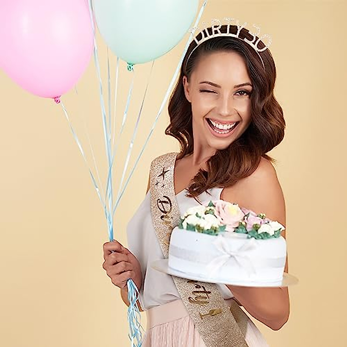 30th Birthday Sash & Rhinestone Dirty 30 Birthday Headband Kit- "Dirty thirty" Birthday Sash Happy 30th Birthday Decorations for Women 30th Birthday Gifts Party Decorations (Rose gold)