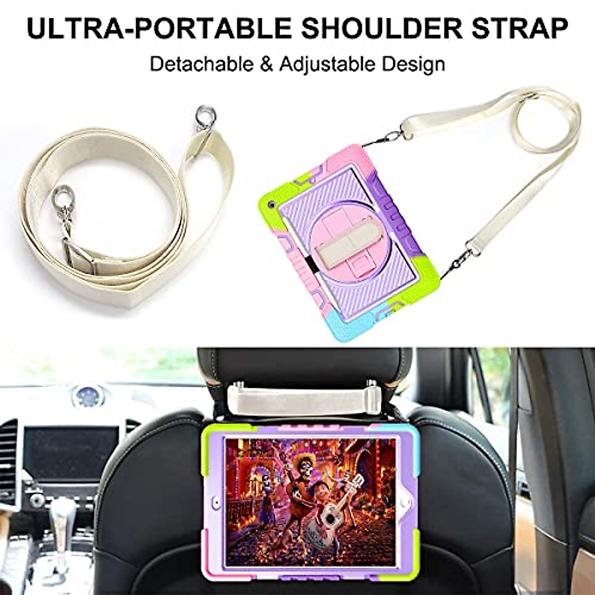 Hocase for iPad 6th/5th Generation Case, iPad 9.7 2018/2017 Case, with Pencil Holder, 360 Rotation Stand & Hand Strap, Rugged Shockproof Soft Silicone Hard Protective Case for Kids & Girls - Rainbow