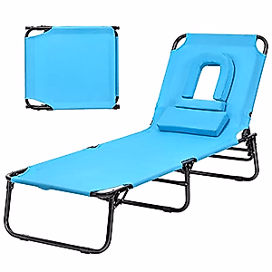LIVIZA Folding Patio Lounge Chair, All-Weather Beach Lounge Chair, Outdoor Sunbathing Chair with Hole for Face, Adjustable Recliner Chaise Perfect for Garden Pool Beach (Turquoise)