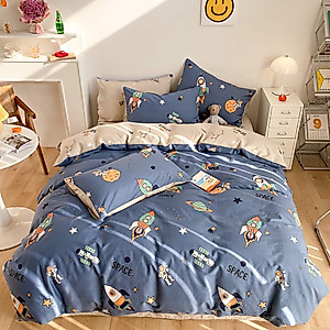 BlueBlue Astronaut Duvet Cover Set Twin 100% Cotton Bedding for Kids Boys Girls Teens Space Galaxy Rocket Star Constellation on Navy Blue 1 Cartoon Comforter Cover Zipper Ties 2 Pillowcases Twin
