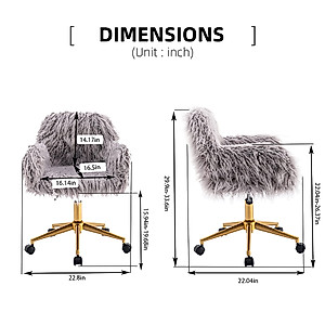 Grey Faux Fur Desk Chair, Cute Upholstered Padded Seat, Vanity Accent Modern Height Adjustable Swivel Office Chair for Living Room Makeup Home Office Bedroom (Grey)