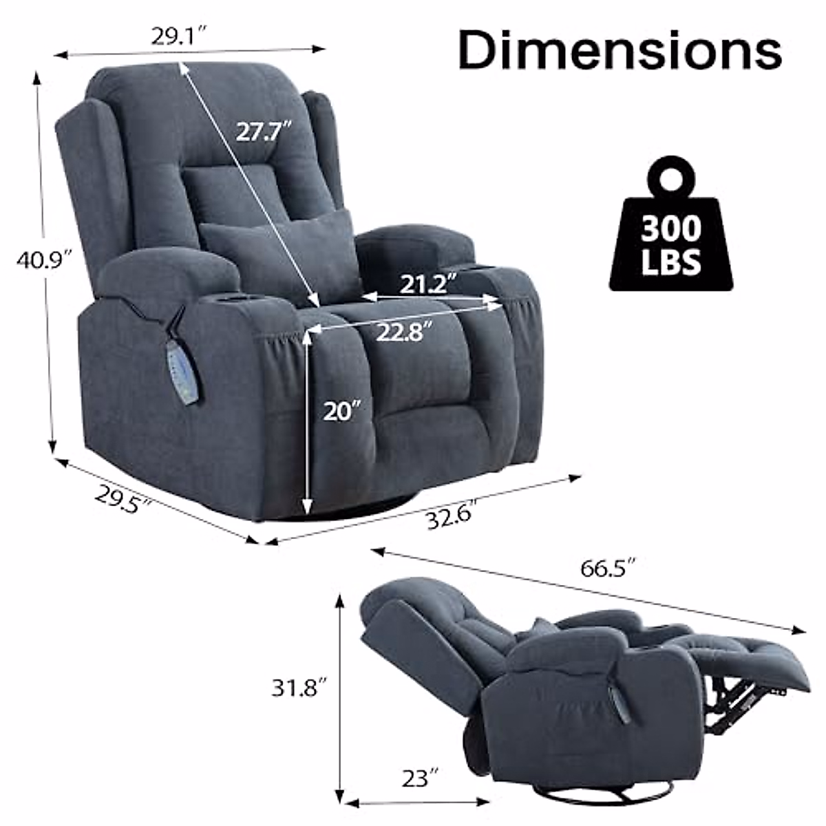 OBBOLLY Swivel Rocker Recliner Chair with Massage, Manual Glider Rocking Recliner Chair, Wingback Design 360° Swivel Chair with Lumbar Pillow, Cup Holders for Living Room (Set of 2, Blue Grey-Linen)