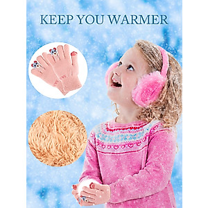 SATINIOR Kid Girls Winter Hat Gloves Set Pink Fleece Lined Warm Ski Mask Earflap Hood Skull Caps Cable Knit Gloves for Cold Weather