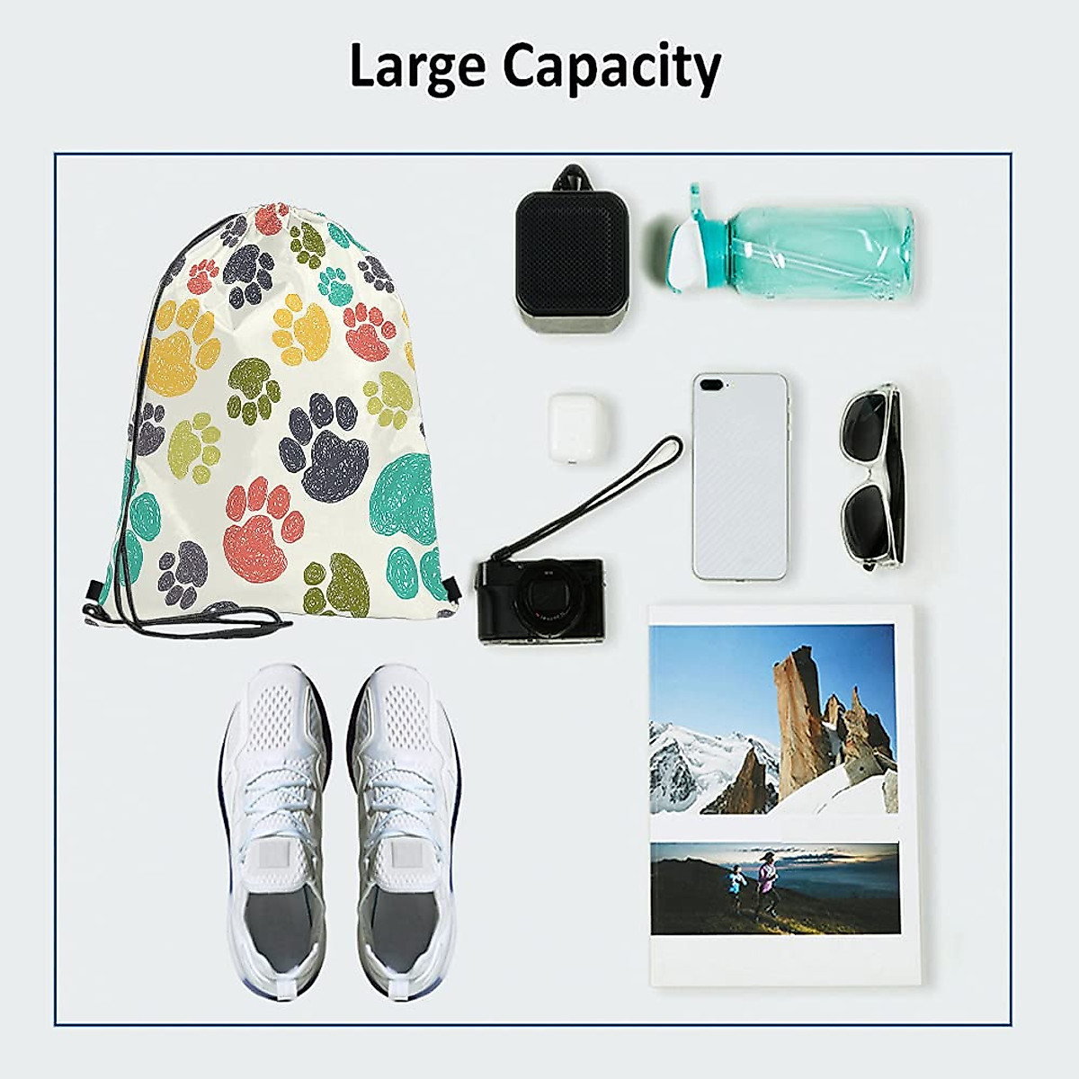 Beabes Paw Pattern Drawstring Bags Backpack Bag Cute Colorful Hand Drawn Doodle Prints Pet Puppy Footprint Drawing Sport Gym Sack Drawstring Bag String Bag Yoga Bag for Men Women