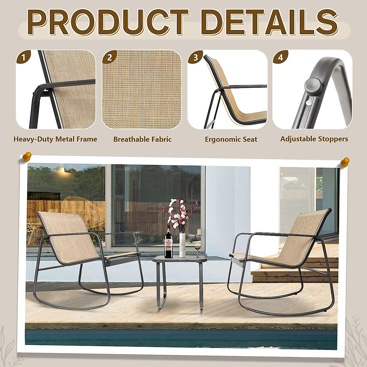 SOLAURA 3 Piece Patio Rocking Bistro Set, Textilene Fabric Outdoor Furniture, Porch Chairs Set with Glass Table for Lawn, Garden, Balcony, Poolside, Khaki