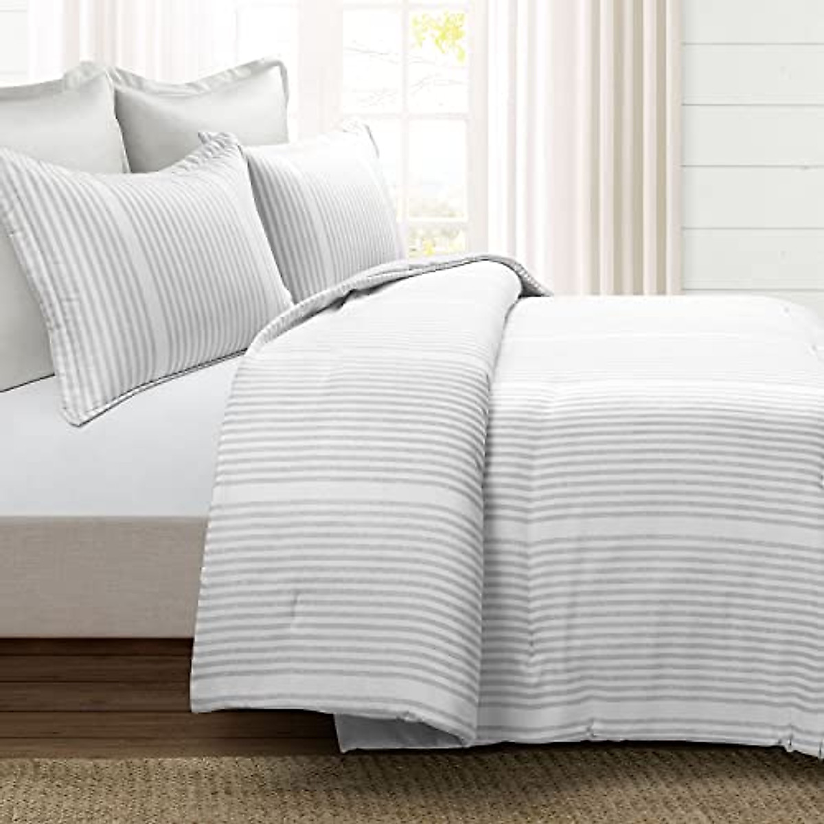 Lush Decor Farmhouse Drew Stripe Silver-Infused 5 Piece Comforter Set, King, Neutral