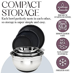 Bellemain Stainless Steel Non-Slip Mixing Bowls with Lids (3 Piece, Silver/Black)