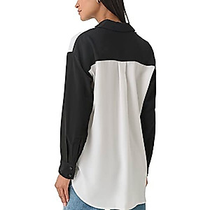 Karl Lagerfeld Paris Women's Soft Long Sleeve Colorblock Everyday Fashion Sport Blouse, White Black, X-Small
