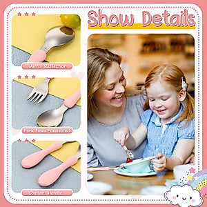 Jingmore 3 Pieces Toddler Utensils with Case 1 Pcs Toddler Fork and Spoon 1 Pcs Baby Food Scissor with Safety Lock Stainless Steel Baby Silverware Set Toddler Travel Essential for Safe Dining (Pink)