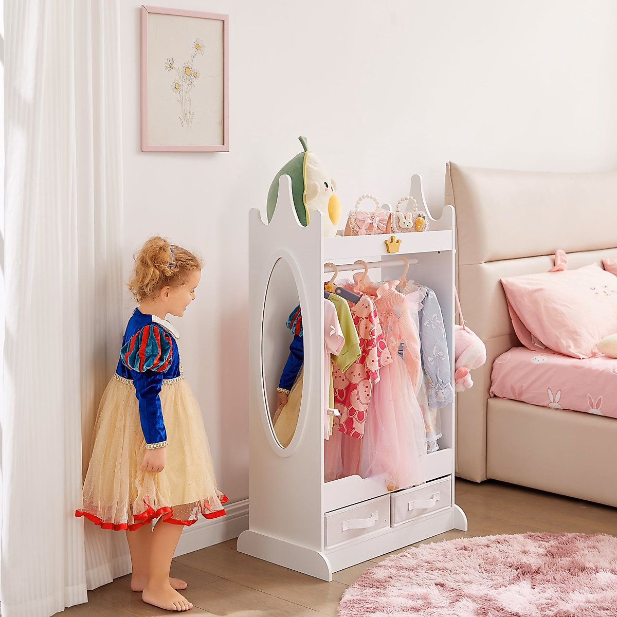 GTOLV Kids Dress Up Storage with Mirror, Kids Armoire with Non-Woven Drawers, Open Costume Closet with Hanging Rack for Toddlers (White)
