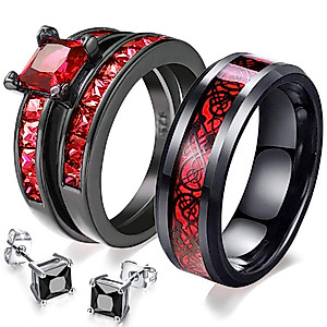 XAHH His and Hers Couples Matching Rings Women's 2pc Black Gold Filled Red CZ Engagement Ring Bridal Sets Men's Titanium Steel Wedding Band Size 6 11