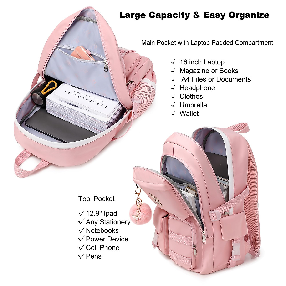 KIDNUO Girls Backpack,15.6 Inch Laptop School Bag Large Primary Elementary Middle College Bookbags Kids Backpacks for Teens Girls Women Students Anti Theft Travel Daypack ( Pink Ballerine )