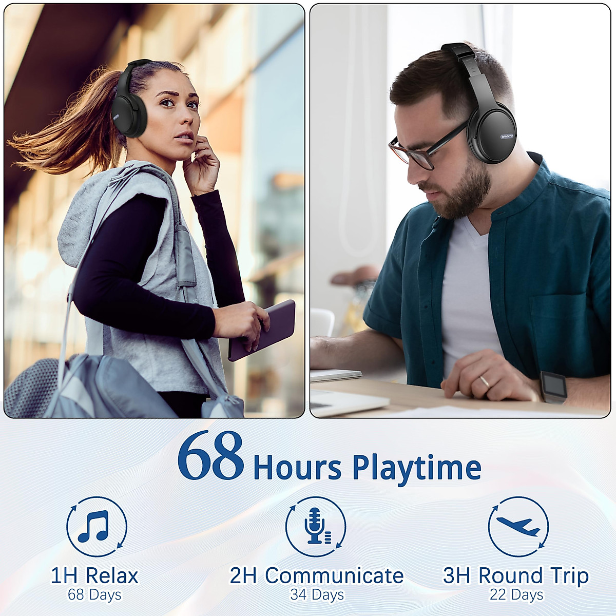 AMORNO Bluetooth Headphones Over Ear, 68 Hours Playtime Wireless Headphones with Mic, Foldable Adjustable Lightweight HiFi Stereo Headset for Cellphone/PC/Work/Travel/Home/Office (Black)