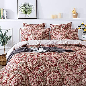 FADFAY Paisley Duvet Cover Set 100% Cotton Ultra Soft Red and Beige Reversible Paisley Bedding Set with Hidden Zipper Closure 3 Pieces, 1Duvet Cover & 2Pillowcases, King/California King Size