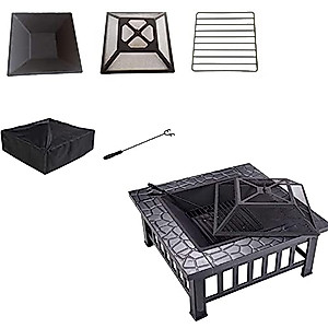 LEAYAN Garden Fire Pit Grill Bowl Grill Barbecue Rack Fire Pit Table with BBQ Grill Shelf, Square Firepit for Barbecue Heater, Ice Pit, Metal Brazier for Patio Outdoor, with Waterproof Cover Fire Pit