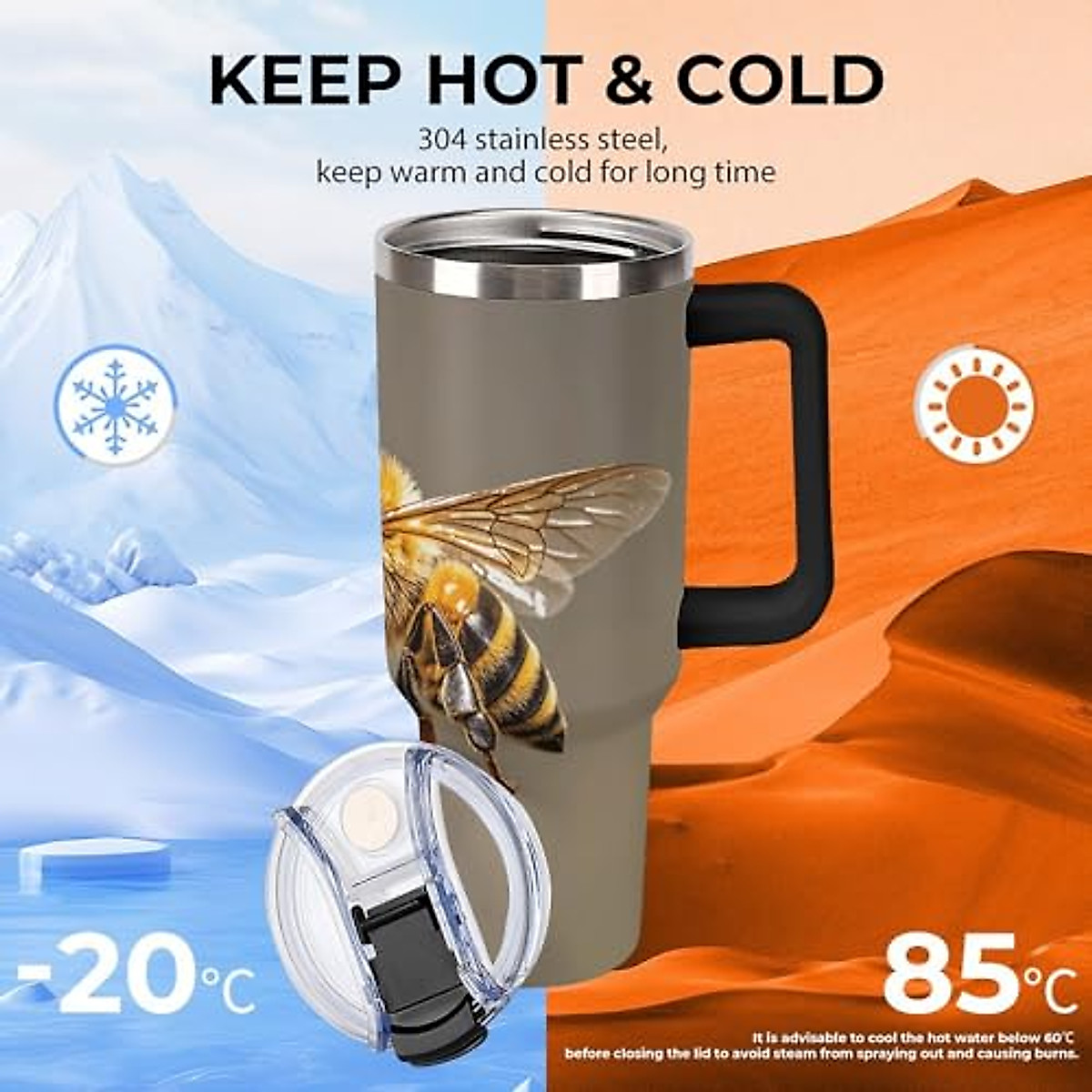 FZQVSGW Bee Flying 40 Oz Tumbler with Handle And Straw Stainless Steel Vacuum Insulated Tumblers Reusable Keep Drinks Cold Coffee Cup Holder Friendly Gifts for Women Men Car Gym Travel