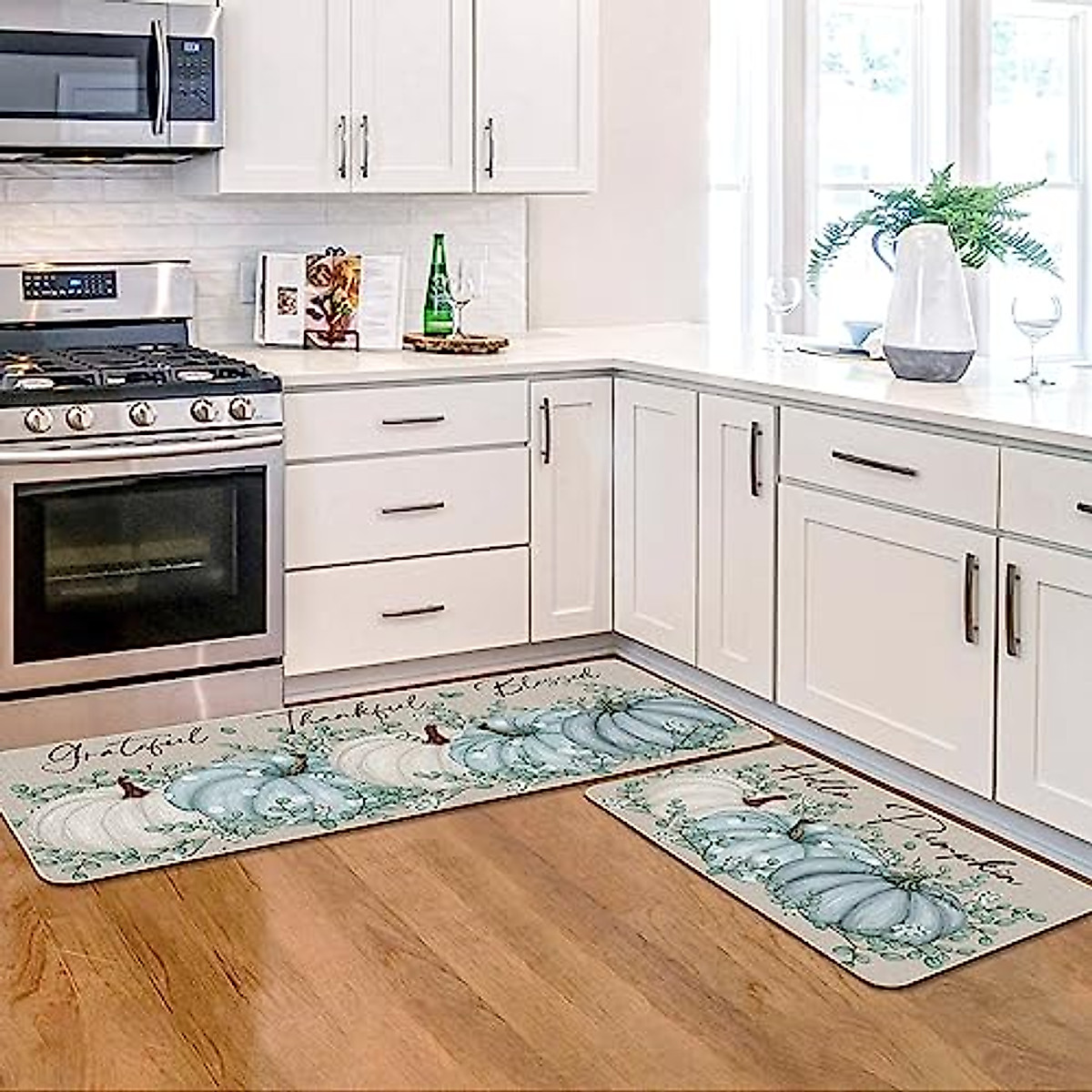 Artoid Mode Hello Pumpkin Eucalyptus Fall Kitchen Mats Set of 2, Thanksgiving Home Decor Low-Profile Kitchen Rugs for Floor - 17x29 and 17x47 Inch
