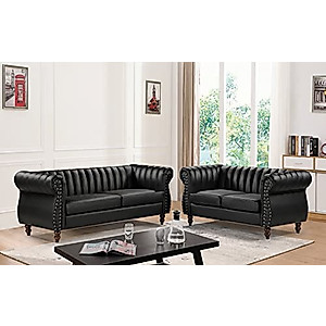 Container Furniture Direct Chesterfield-Inspired 77" Faux Leather Sofa with Elegant Design, Gourd Legs, and Sustainable Pleather Upholstery, 3 Seater Couch for Living Rooms and Offices, Black