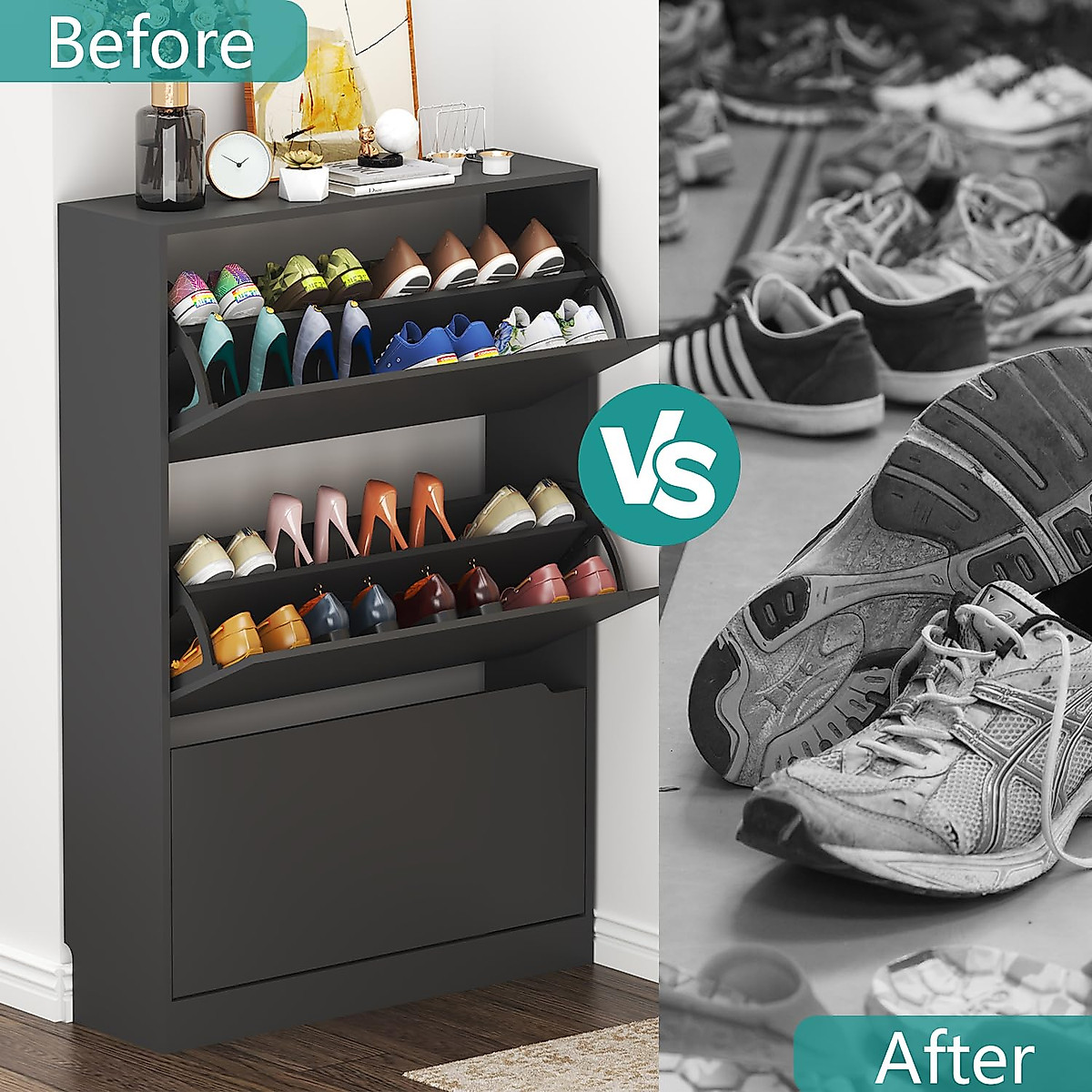 Wodeer Shoe Cabinet with 3 Flip Drawers,Wood Entryway Shoe Storage Cabinet,Freestanding Shoe Rack Storage Organizer for Entryway, Hallway, Black,9.33" D x 31.5" W x 47.2" H