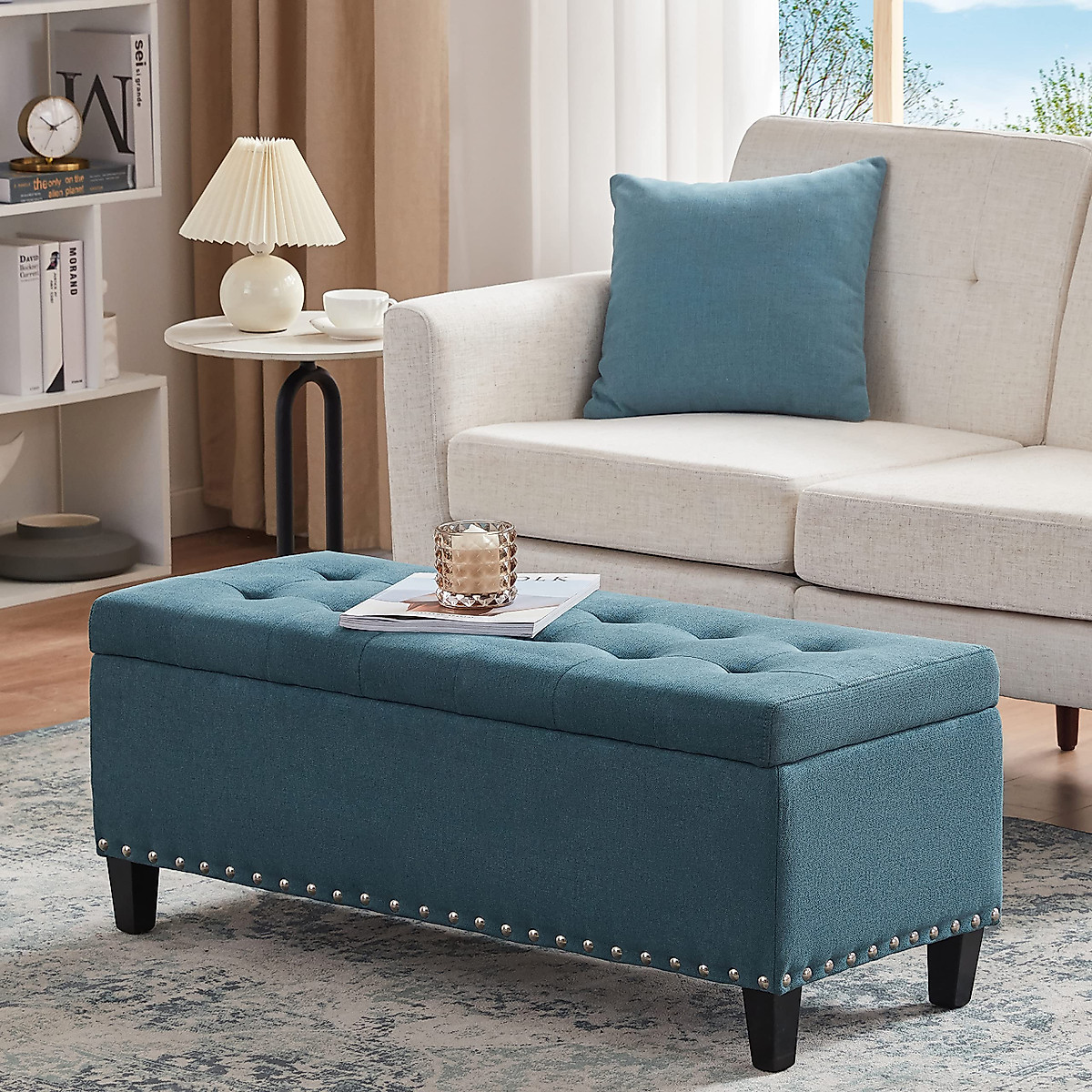 HUIMO Ottoman with Storage, 41-inch Upholstered Fabric Storage Ottoman with Safety Hinge, Storage Bench with Button-Tufted, Ottoman Bench for Bedroom, Entryway, Living Room, End of Bed Bench (Teal)