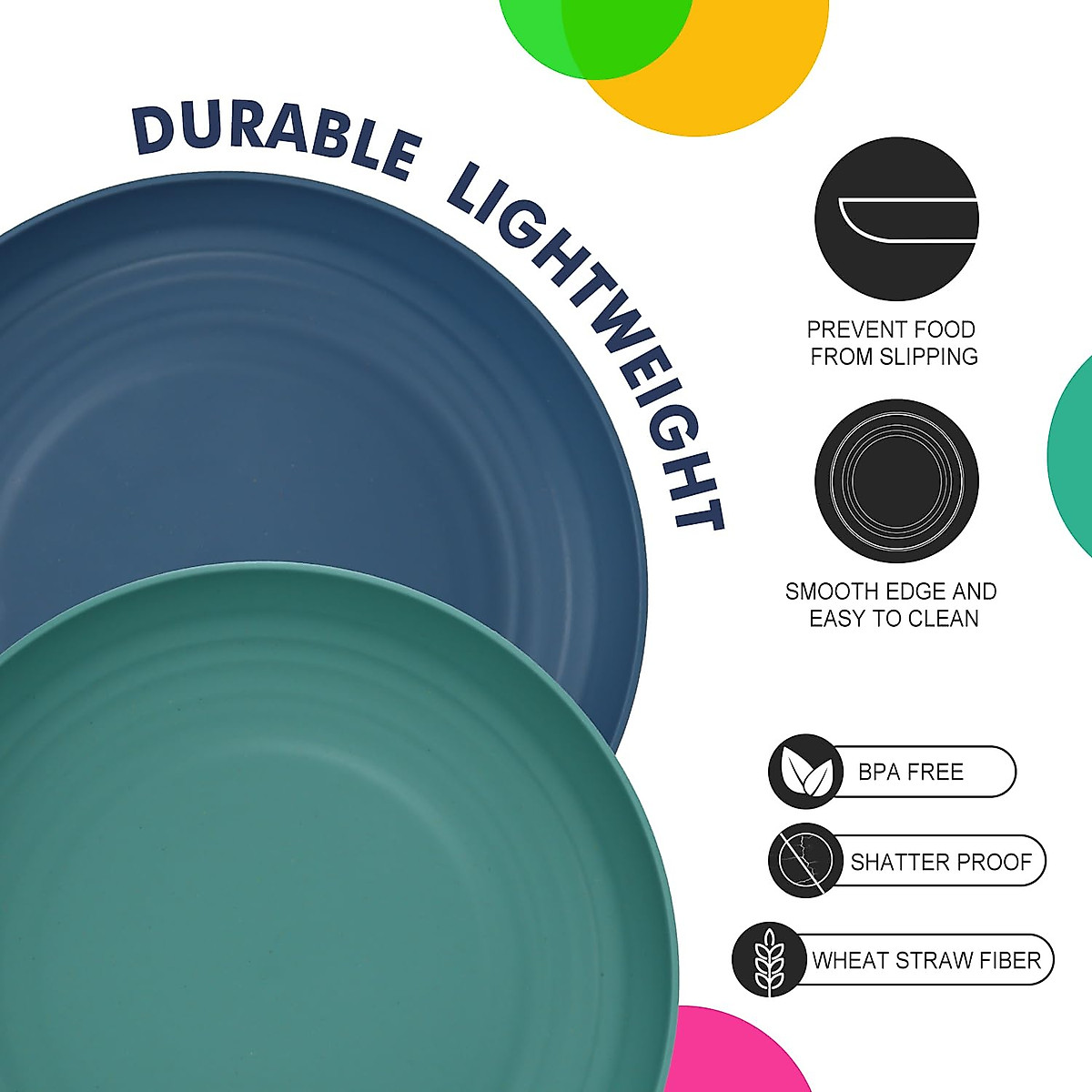 Homienly 10 inch Deep Dinner Plates Set of 8 Alternative for Plastic Plates Microwave and Dishwasher Safe Wheat Straw Plates for Kitchen Unbreakable Kids Plates with 4 Colors (Classic Bright)