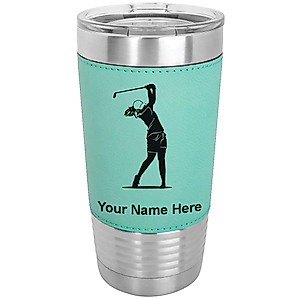 LaserGram 20oz Vacuum Insulated Tumbler Mug, Golfer Woman, Personalized Engraving Included (Faux Leather, Teal)