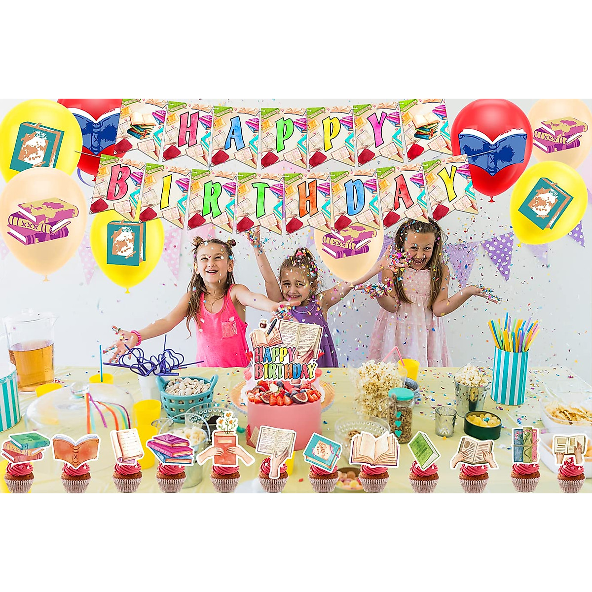 Books Party Decorations Book Club Birthday Party Supplies Includes Book Happy Birthday Banner Cake Topper Cupcake Toppers Balloons for Library Party Decorations