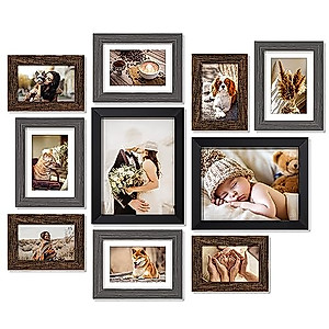 Picture Frames Set for Wall Gallery - 10 Pack Assorted Color Rustic Wooden Collage Photo Frame with Mat for Wall Decor or Tabletop Display Including Two 8x10 / Four 5x7 / Four 4x6 - Black Gray Brown