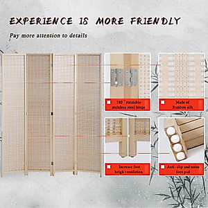 Room Divider Folding Privacy Screens 6 Ft 4 Panel Bamboo Portable Divider Wall Freestanding Partition Room Divider Screen for Room Separator Home Office,Natural