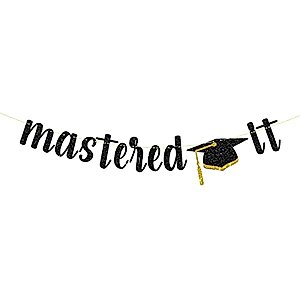 Maicaiffe Black Glitter Mastered It Banner - Master's Graduation Banner, Congrats Grad / Happy Graduation Sign - 2022 Graduation Party Decorations