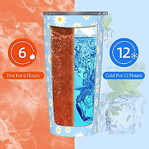 CHASOEA Daisy Tumbler 20oz Floral Flowers Stainless Steel Insulated Tumblers with Lid and Straw Blue Travel Coffee Mug Tea Wine Cups Water Bottle Daisy Gifts for Women