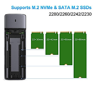 M.2 NVMe SATA SSD Enclosure Adapter Tool-Free, USB 3.2 Gen2 10Gbps External NVMe to USB PCI-E 6Gbps SATA M-Key / B+M Key, NVMe Reader Support UASP Trim for SSDs 2230/2242/2260/2280