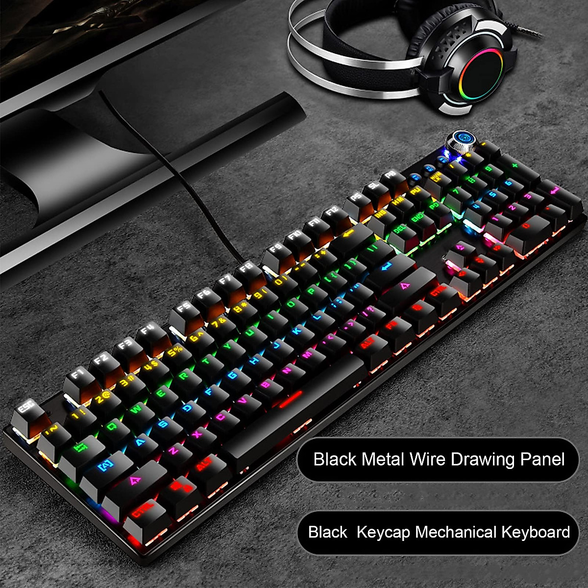 wendeekun Mechanical Illuminated Keyboard, 2 Color Injection 9 Lighting Effects Knob Version, Colorful Backlit Wired 104 Keys Gaming Keyboard