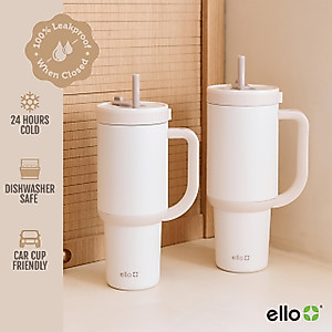 Ello Oasis 30 oz Tumbler with Handle & Retracting Straw | Reusable Insulated Stainless Steel Cup 100% Leakproof, Gifts for Teens Women Men | Keeps cold for 20 Hours, Cup Holder Friendly, Cream Tonal