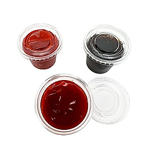 PartyMars 1 oz Plastic Disposable Dipping Sauce Cup With Lids, Mini Plastic Dip Condiment Containers，Souffle Cups,Portion Cups, Jello Shot Cups
