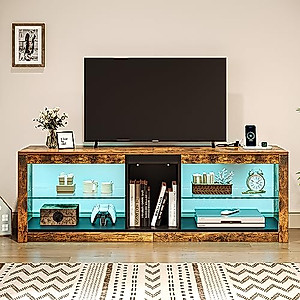 YITAHOME LED TV Stand w/Power Outlets for TVs up to 55/60 inch, Gaming Entertainment Center with Glass Shelves RGB Modes, Modern TV Stand for Living Room, TV Console with Storage, Rustic Brown