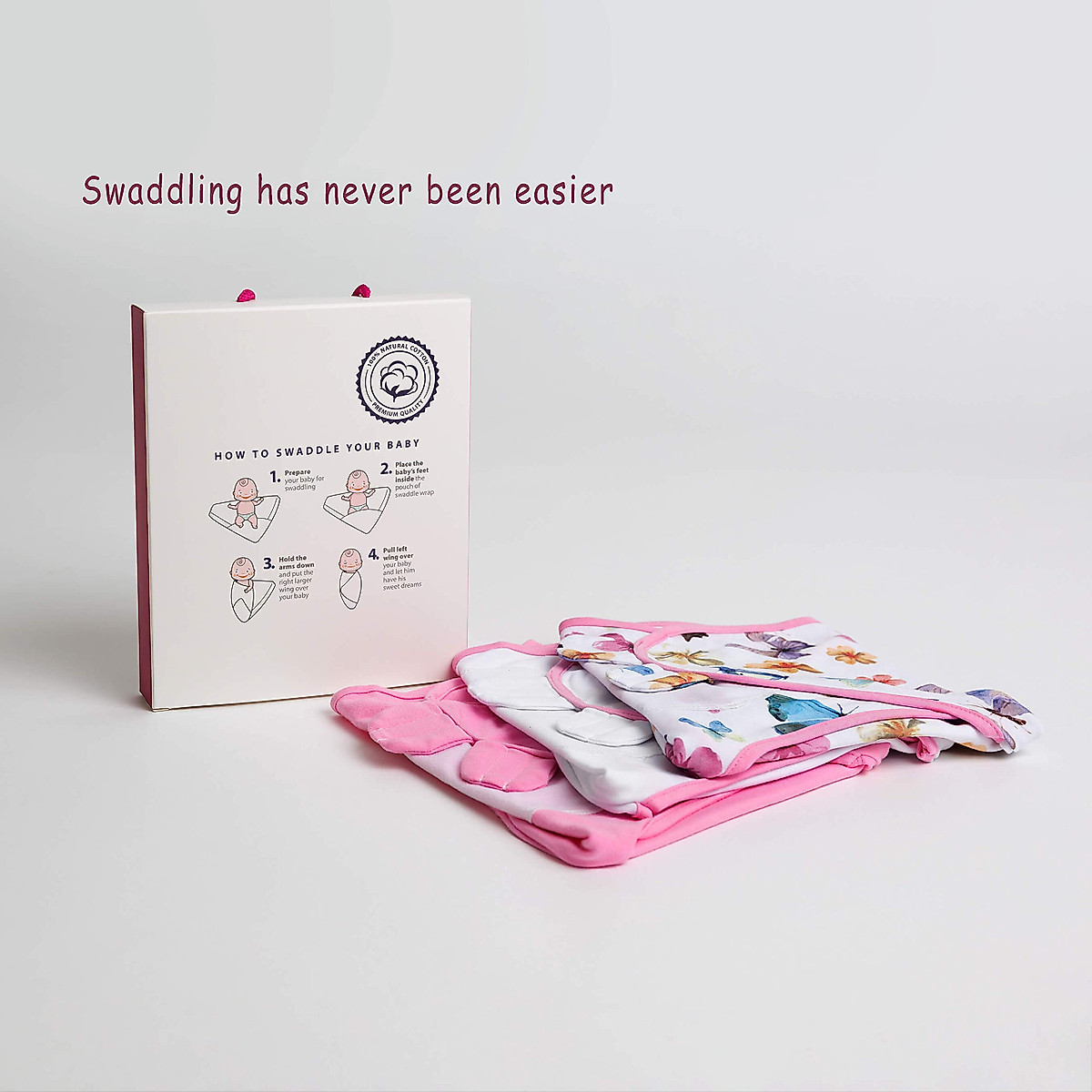 Baby Swaddle Blanket for Newborn Girl, 0-3 Months Small/Medium, 3 pcs Infant Swaddle Sack in a Gift Box, 100% Cotton Adjustable Swaddle Wrap, Pink