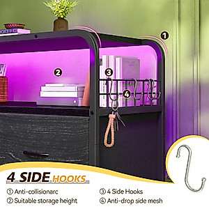 EnHomee Black Dresser for Bedroom with LED Lights & Charging Station, 7 Drawer Dresser with Open Shelf, Fabric Bedroom Dressers & Chest of Drawers for Closet, Entryway, Hallway, 4 Hooks