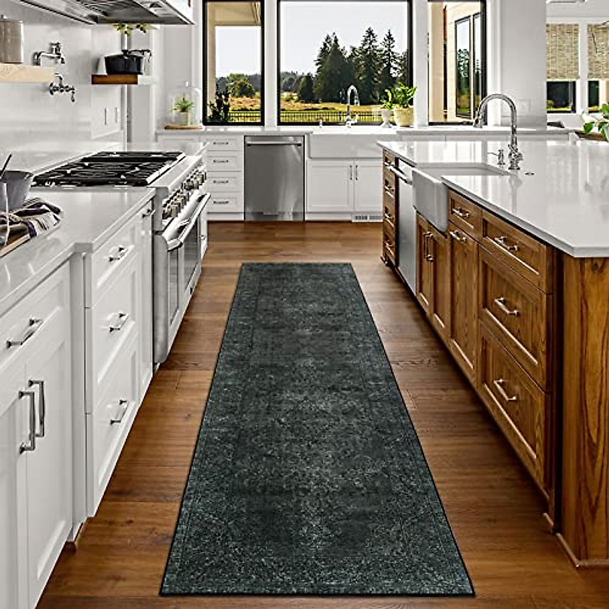 Washable Rug Runners Black Green 2'6x9', Carpet Runner Hallway, Runner Rugs with Rubber Backing, Non Slip Area Persian Rug, Kitchen Runner, Rug Long Runner, Foldable Rug Thin, Vintage Bohemian Runner