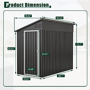 QGQURH 4' x 8' Outdoor Storage Shed Clearance with Lockable Door Metal Garden Tool Storage Shed 2 Air Vents for Backyard Garden Patio Lawn,Black
