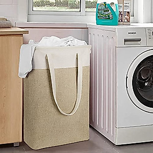 Laundry Hampers Tall Slim Laundry Baskets Thin Foldable Clothes Hamper Narrow Hamper for Laundry Storage Organizer Collapsible Hamper Laundry with White and Brown Imitated Burlap Patchwork,QY-SC24-2