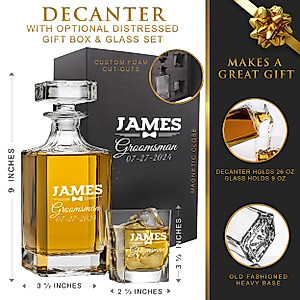 Custom Personalized Best Man, Groomsmen, Groom Whiskey Decanter and Rocks Glasses Set - Engraved with WPS Design (Decanter and 2 Glasses)