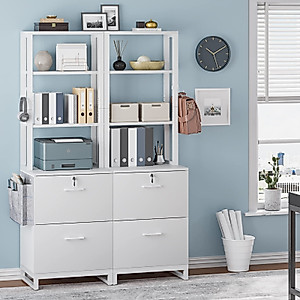 Itaar 2 Drawer File Cabinet, Filing Cabinet with Lock fits Letter, Legal, A4 Size, File Cabinets for Home Office with Storage Bag, Open Shelf and Hook, White