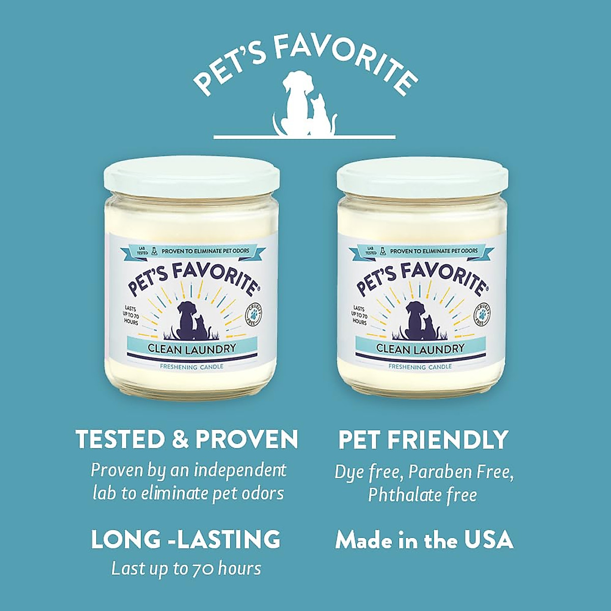 Pet's Favorite - Tested & Proven - Odor Eliminating Candle, Pet-Friendly Scented Candle, in 7 Great Fragrances – 70-Hour Burn Time, Cotton Wick (Fresh Laundry, Pack of 2)
