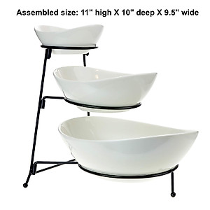 Roe & Moe 3 Tier Serving Stand Ceramic Bowl Set with Metal Rack, Tiered Bowls for Parties Candy Appetizer Dessert Fruit Cake Veggies Chips & Dip