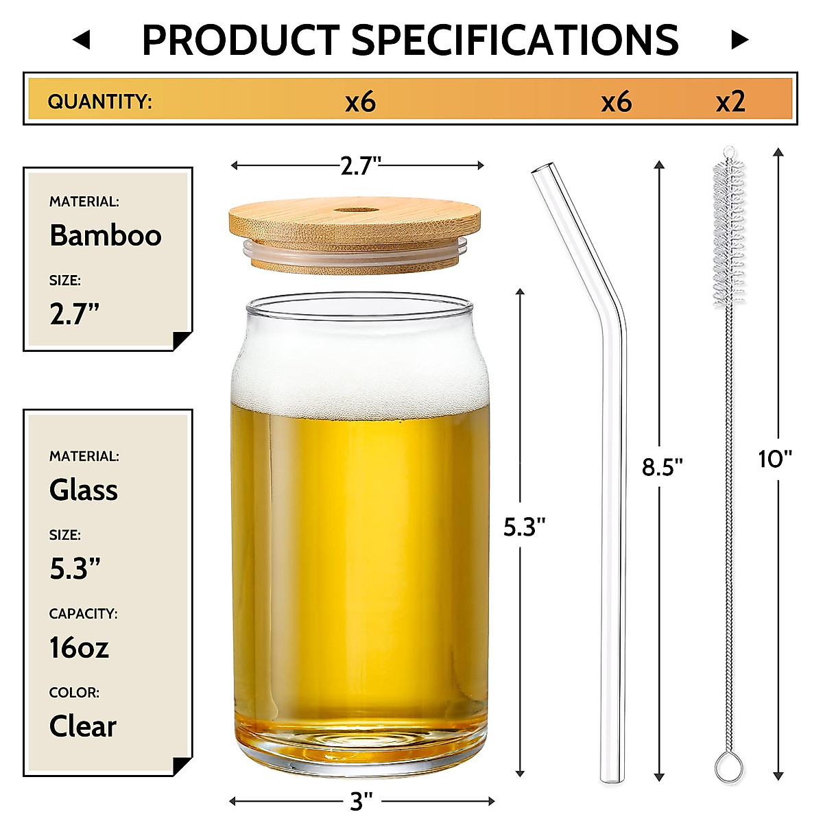 VITEVER 6 Pack 16oz & 4 Pack 20oz Glass Cups with Bamboo Lids and Glass Straw - Beer Can Shaped Drinking Glasses, Iced Coffee Glasses, Cute Tumbler Cup for Smoothie, Boba Tea, Gift