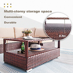 DIMAR GARDEN Outdoor Coffee Table Wicker Patio Rattan Side Table with Glass Top and Storage Shelf,40in Mixed Brown