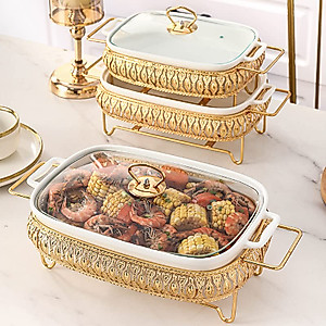 HONHPD Stainless Steel Rectangle Chafing Dish Buffet Set, Ceramic Marble Finish Chafer with Glass Lid, Chafer and Buffet Warmer Set for Buffet Weddings Parties Banquets, Golden