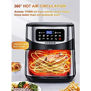 Acezoe Stainless Steel 7.4 QT Digital Air Fryer 1700-Watt with 9 Preset Cooking Functions, LED Touchscreen, Non-Stick Coating, 43 Recipes, Easy to Clean, Auto Shut-Off